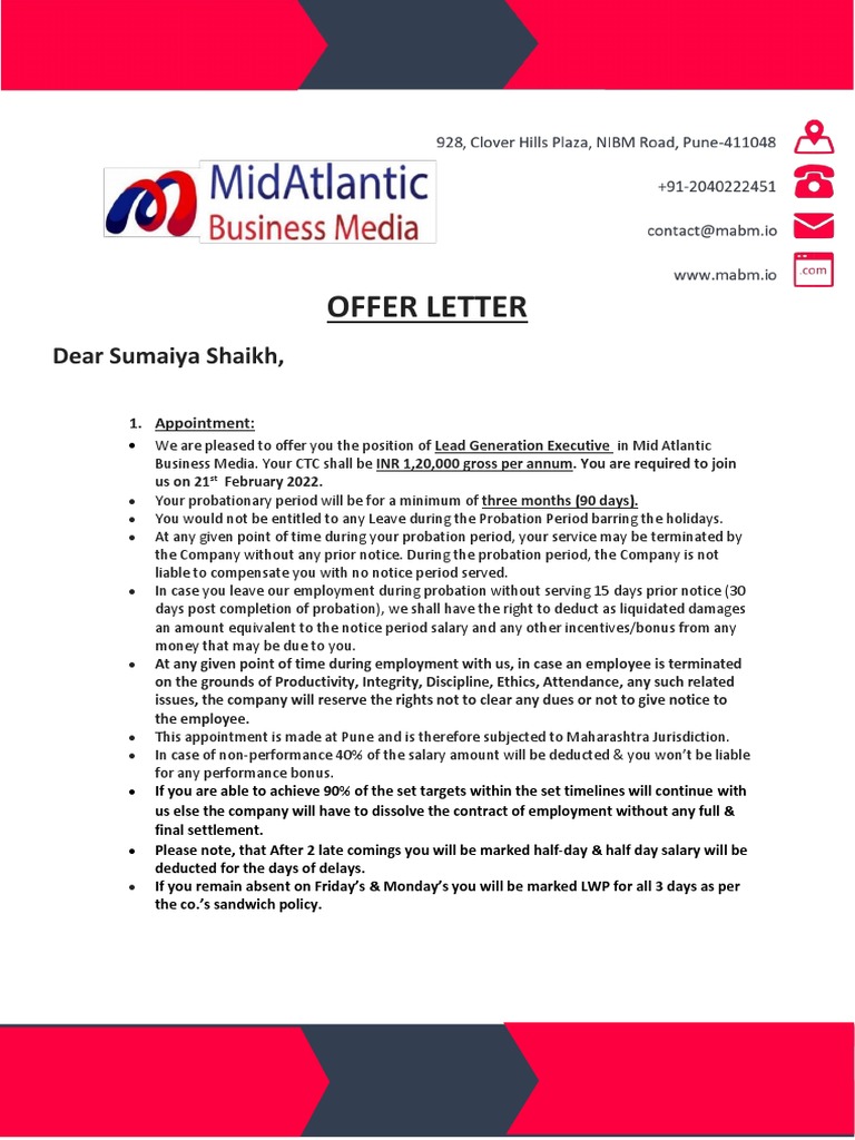Sumaiya Offer Letter | PDF | Employment | Intellectual Property