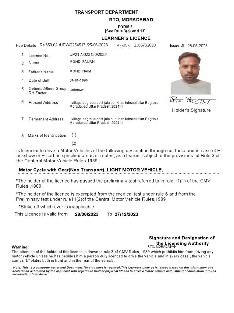 Rto, Moradabad Transport Department: Form 3 (See Rule 3 (A) and 13 ...