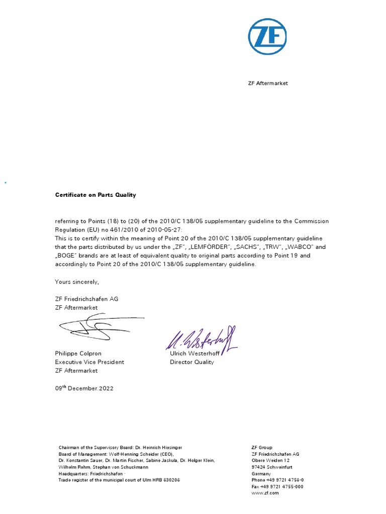 Certificate - On - Parts - Quality-En - Wabco ZF | PDF