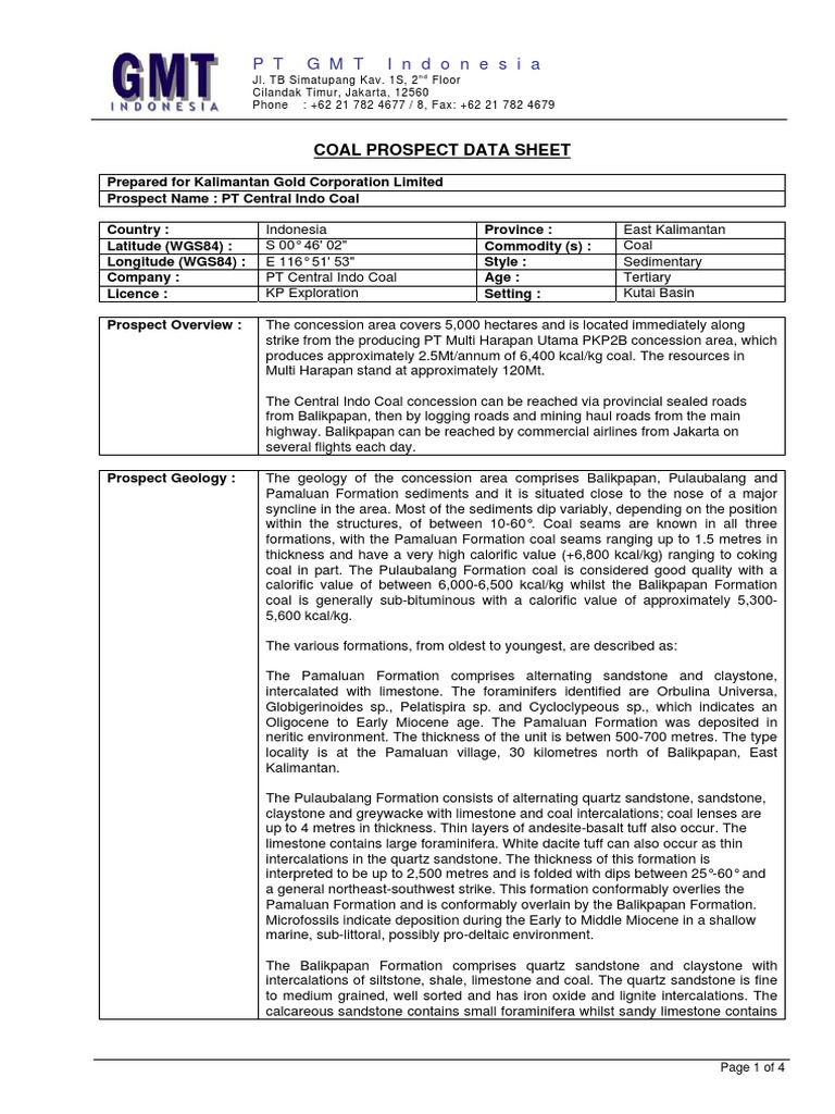 CENTRAL INDO COAL DATA SHEET | PDF | Limestone | Coal