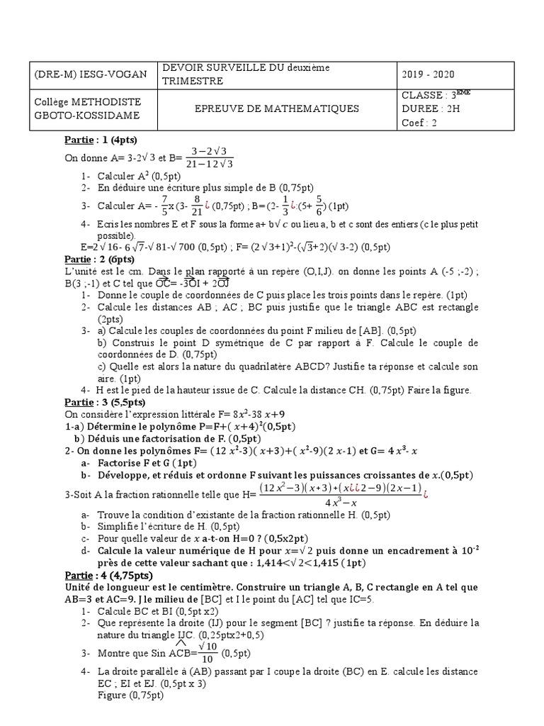 Épreuve de mathématiques 3ème 2020 | PDF | Mathématiques ...