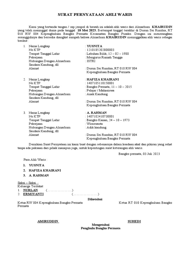 Surat Pernyataan Ahli Waris | PDF