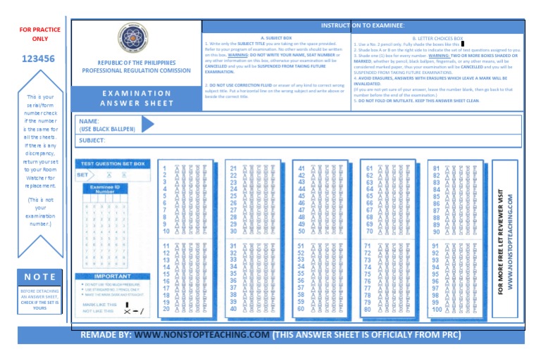 PRC Sample Answer Sheet For LET (Version 2.0) | PDF