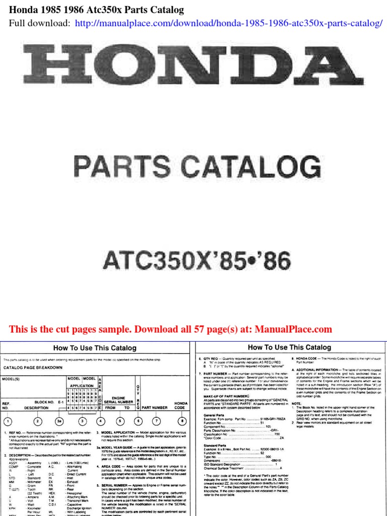Honda 1985 1986 Atc350x Parts Catalog | PDF | Motor Vehicle | Engines