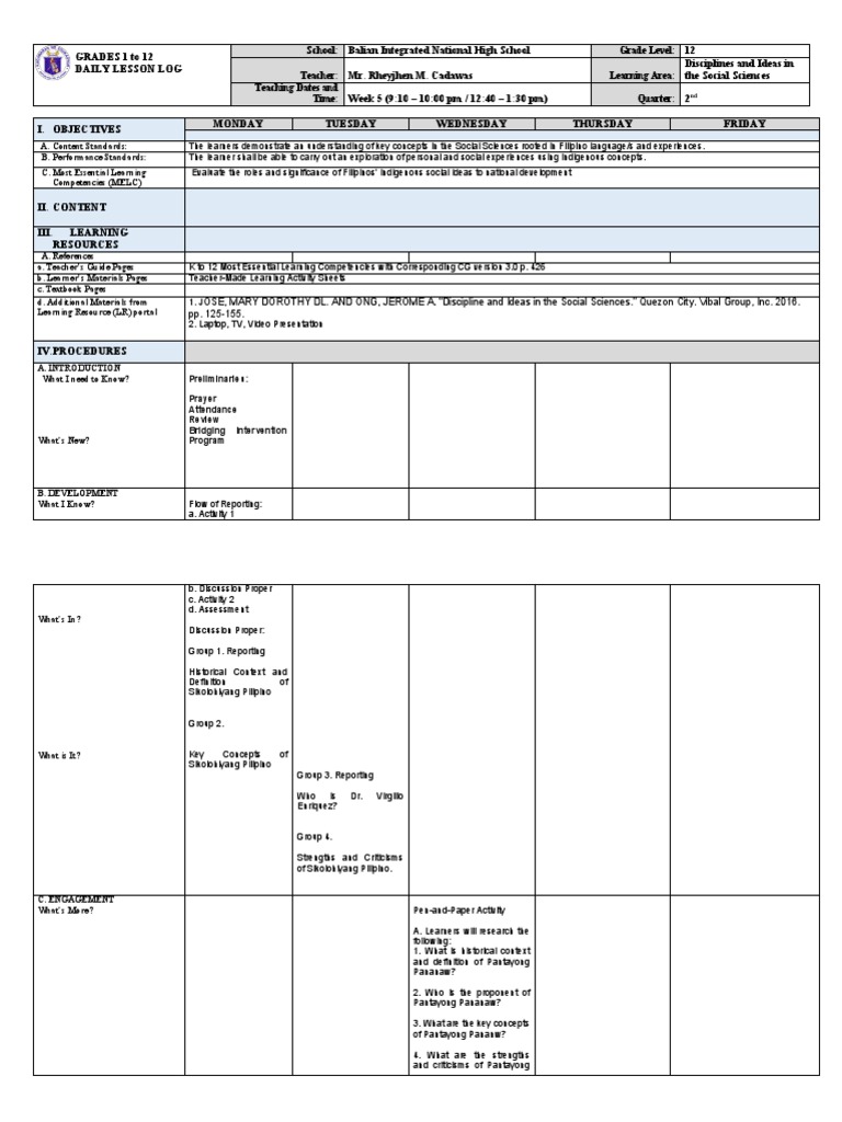 DLL DISS Week5 6 Q2 | PDF | Learning | Teachers