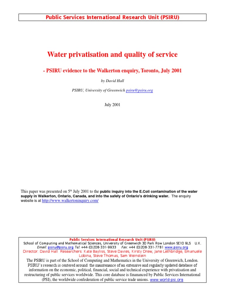 2001 July - David Hall - Water Privatisation and Service - PSIRU ...