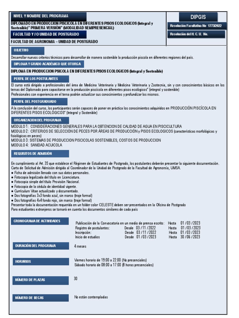 Diplomado en Producción Piscícola Sostenible | PDF