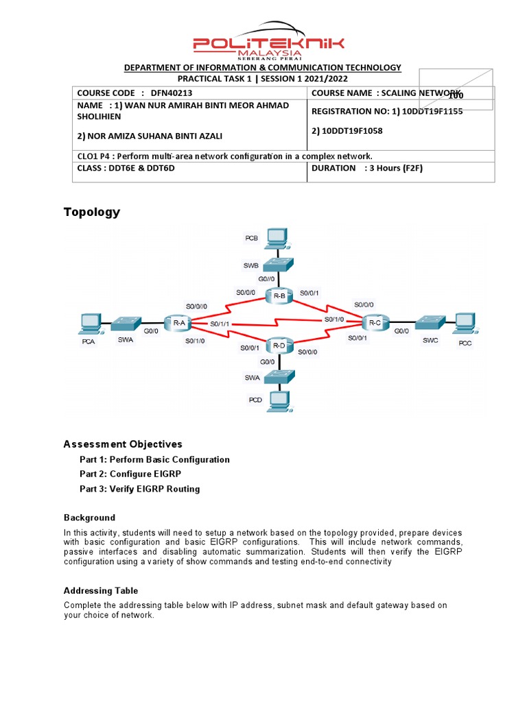 PT1 EIGRP Sesi1 20212022 F1155 & F1058 (COMPLETE) | PDF | Computer Network | Router (Computing)