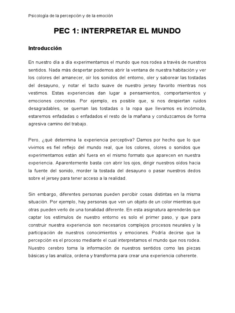 PEC 1 CON RESPUESTAS, Psicología de La Emoción UOC | PDF | Decibel | Percepción