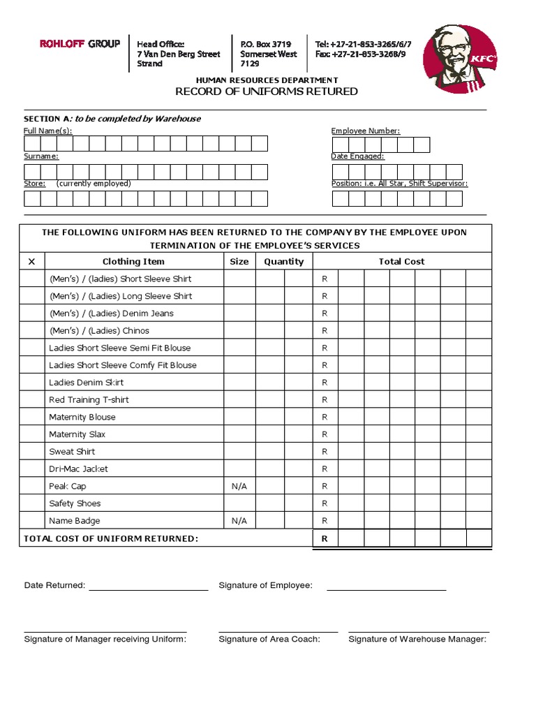 Uniform Returned Form | PDF
