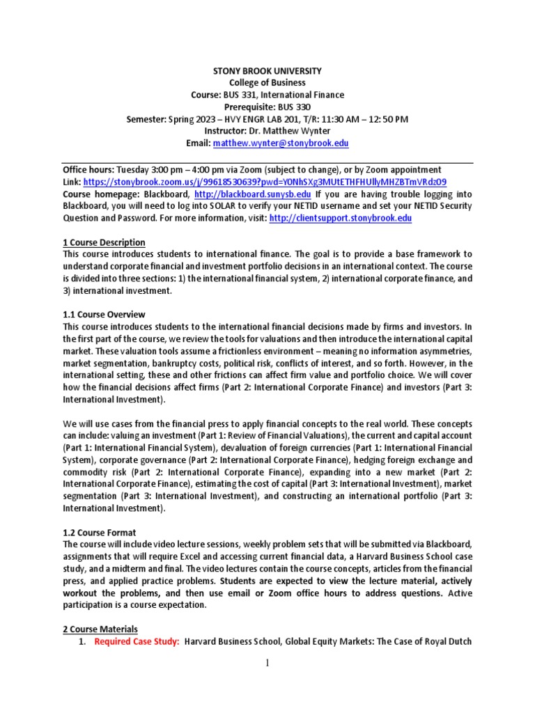 BUS 331 01 Syllabus Wynter Spring 2023 | PDF | Foreign Exchange Market | Capital Asset Pricing Model