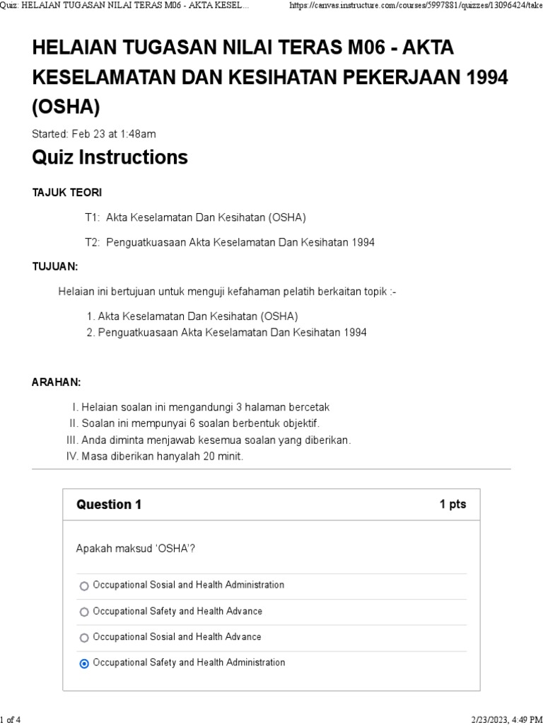Quiz HELAIAN TUGASAN NILAI TERAS M06 - AKTA KESELAMATAN DAN KESIHATAN PEKERJAAN 1994 (OSHA) | PDF