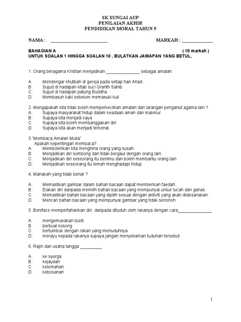 264347286-Ujian-Akhir-Tahun-Pendidikan-Moral-Tahun-5 | PDF