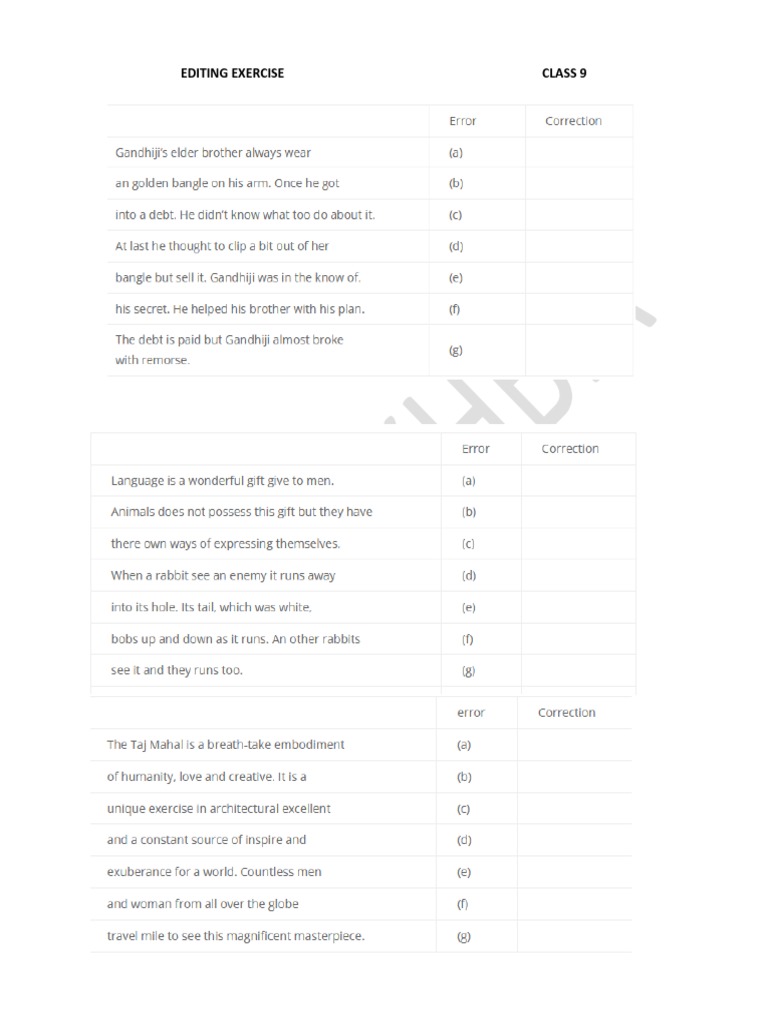 Editing Exercise Class 9 | PDF