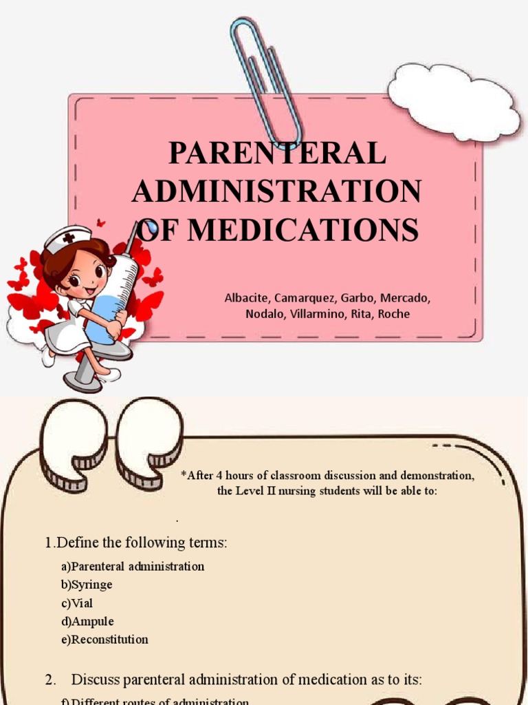 Parenteral Medication Guide | PDF | Intravenous Therapy | Syringe
