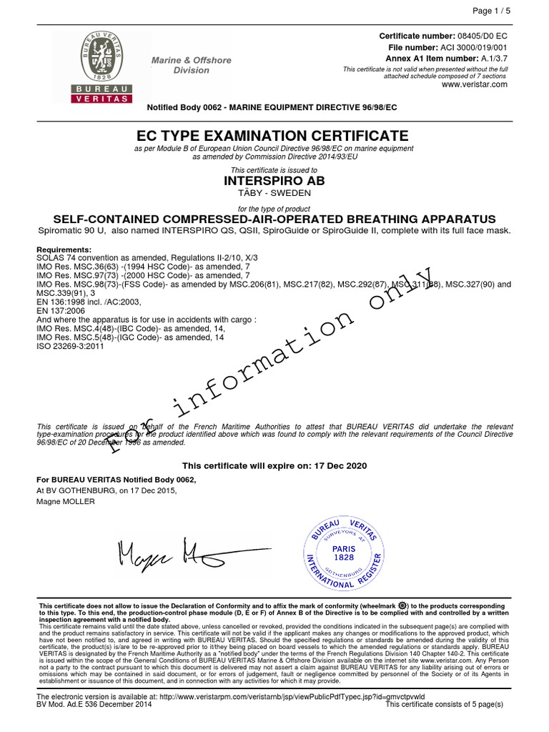 For Information Only: Ec Type Examination Certificate | PDF | Quality ...