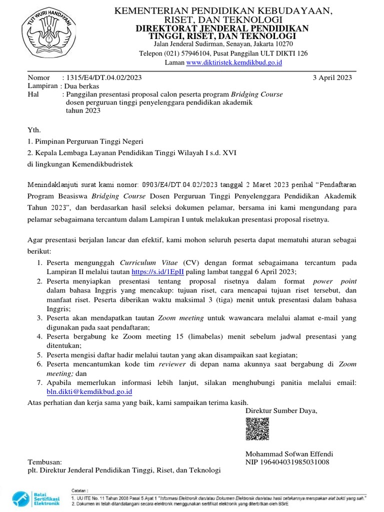 Panggilan Presentasi Bridging Course 2023 | PDF