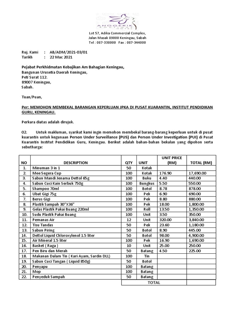 Senarai Keperluan JPKA Di Pusat Kuarantin | PDF