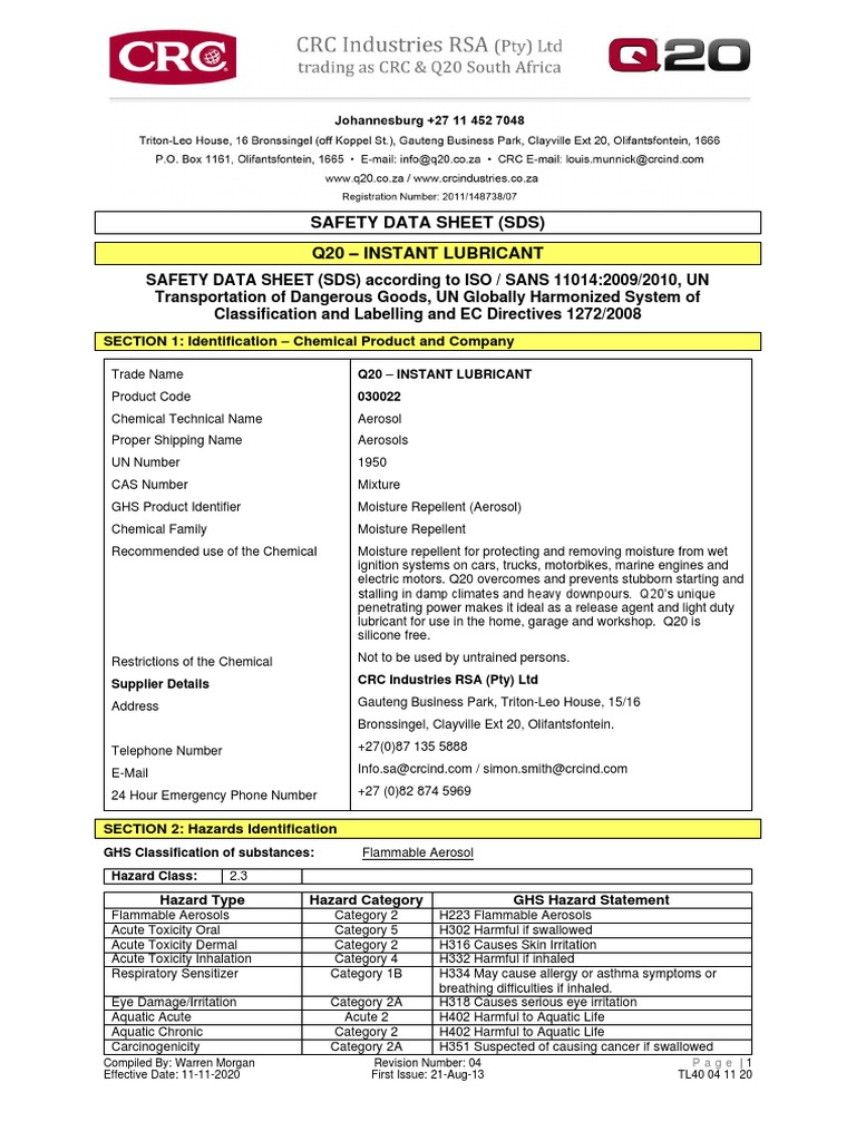 SDS - Q20 Instant Lubricant - V4 - 1120 - RSA | PDF | Dangerous Goods ...