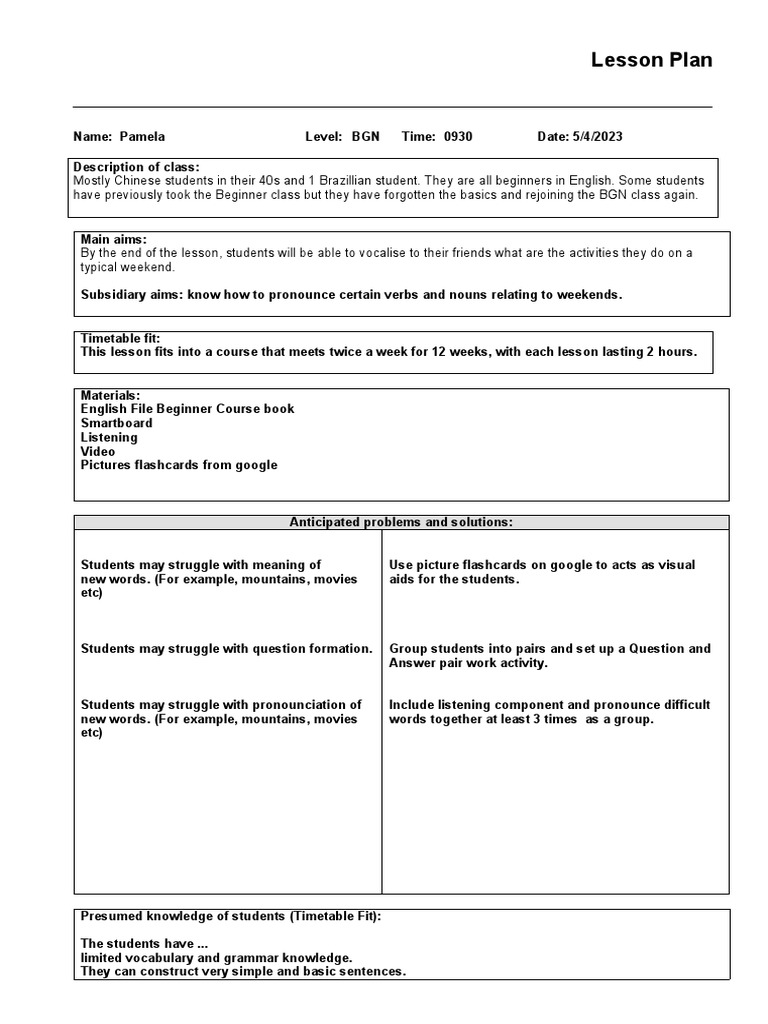 Lesson Plan Template For Pamela | PDF | Question | Vocabulary