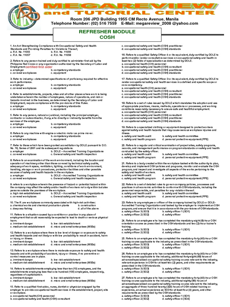COSH DEFINITION AND TERMS BY MEGAREVIEW | PDF | Occupational Safety And ...