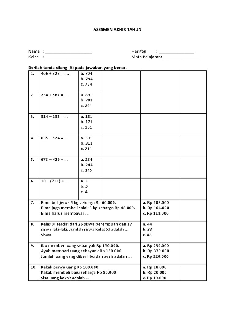 Asesmen Akhir Tahun H Matik | PDF
