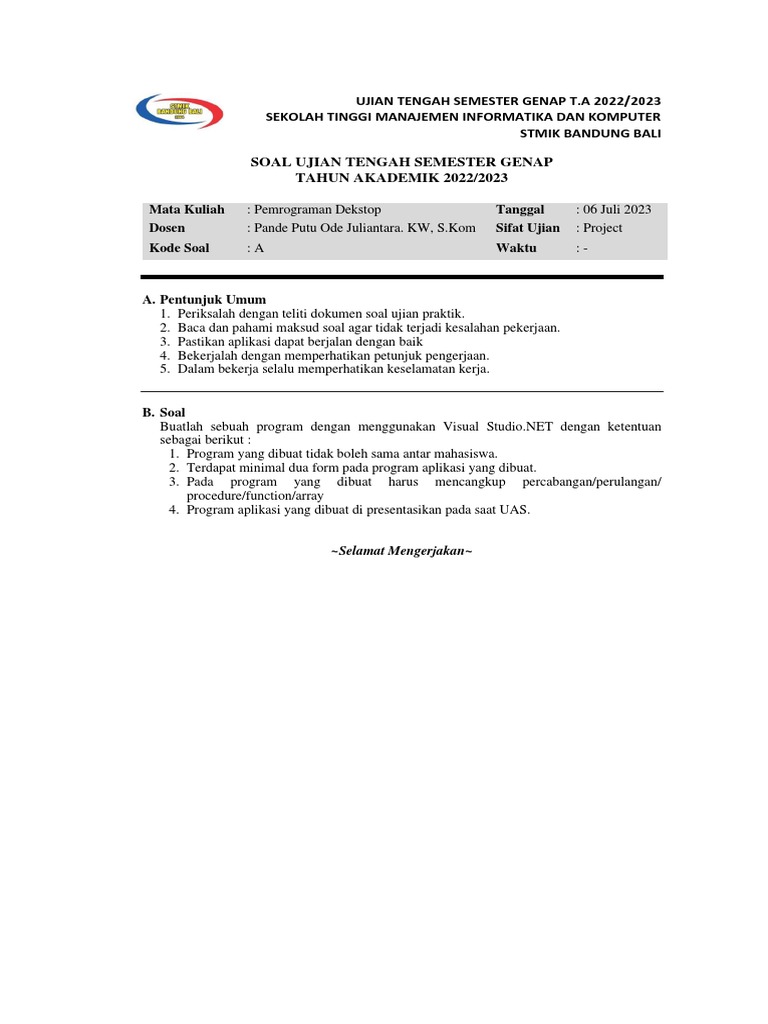Soal UAS Pemrograman Desktop 2023 | PDF