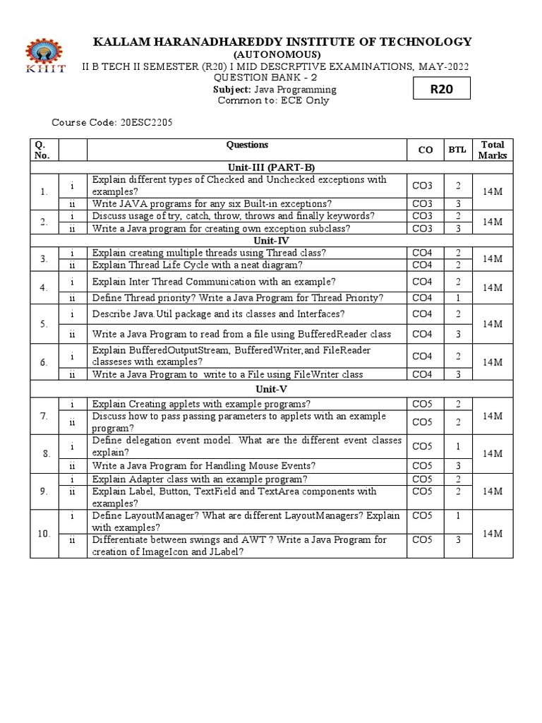 Java Question Bank For Mid 2 Pdf Java Programming Language Class Computer Programming