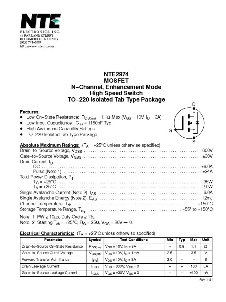 Nte 2974 | Download Free PDF | Field Effect Transistor | Diode