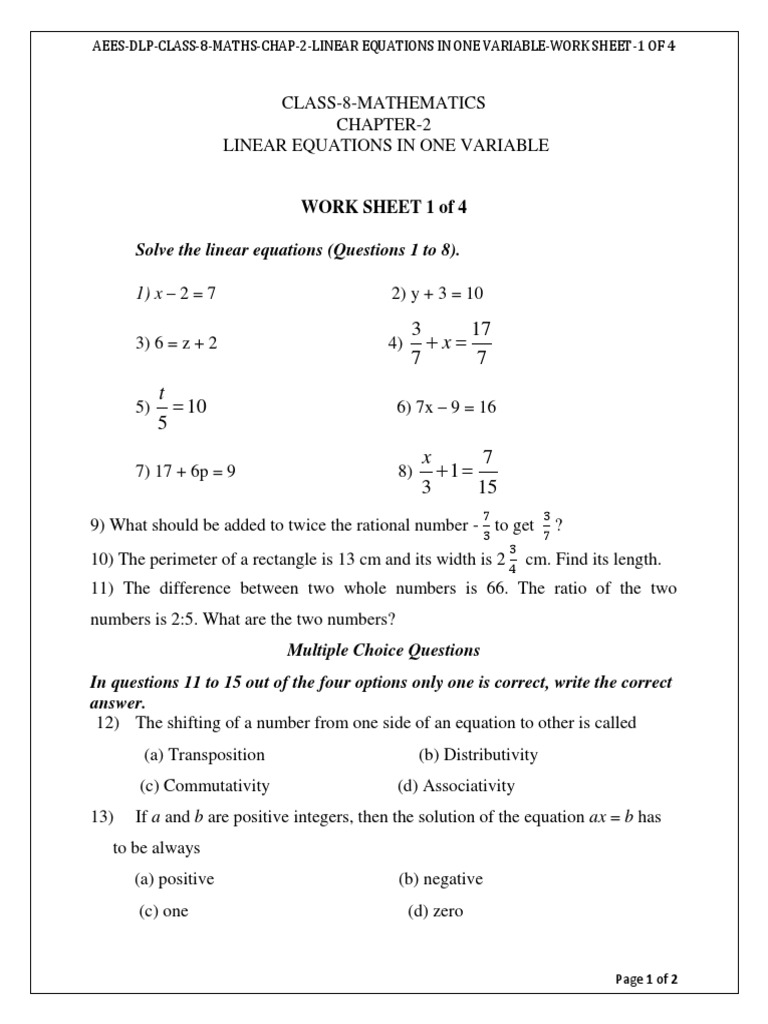 Class 8 Linear Equations Worksheet | PDF | Equations | Elementary ...