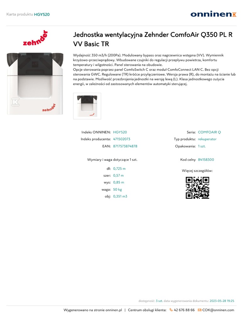 Karta Zehnder Jednostka Wentylacyjna Zehnder Comfoair q350 PL R VV Basic TR 471502073 194679 | PDF