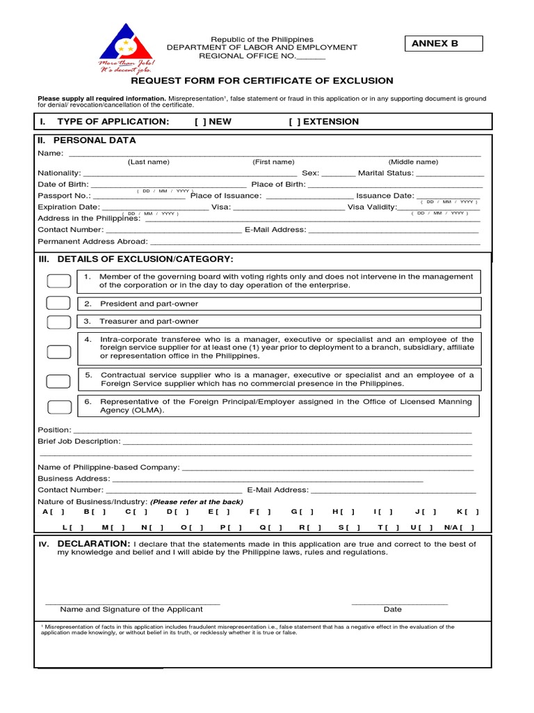 Application Form For Certificate of Exclusion | PDF | Travel Visa ...