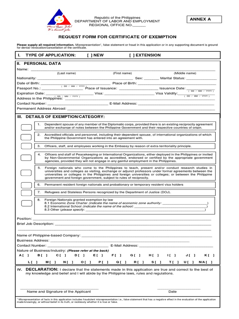 Application Form For Certificate of Exemption | PDF | Travel Visa