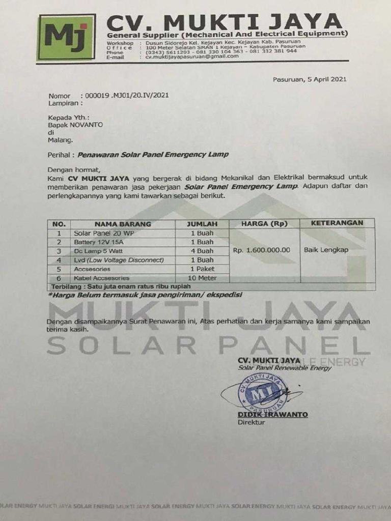 Penawaran CV Mukti Jaya Solar Panel Pasuruan | PDF