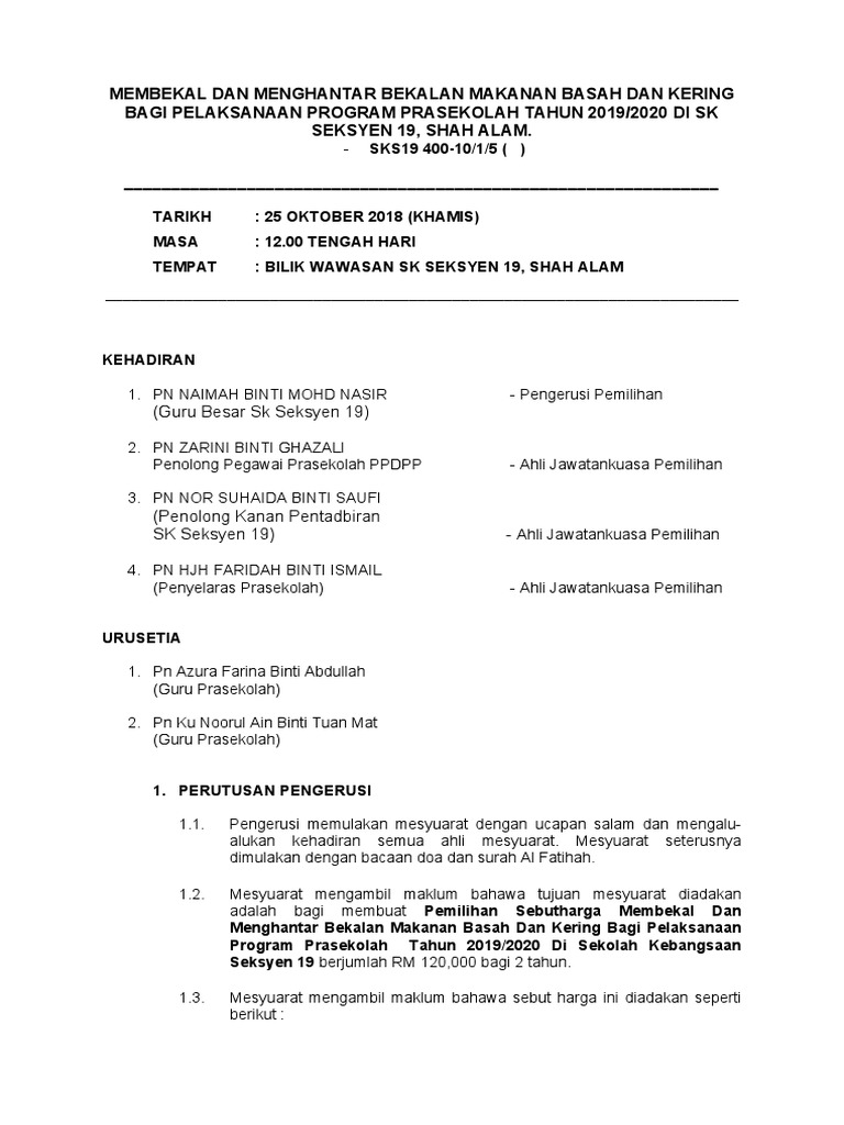 Minit mesyuarat jawatankuasa pemilihan sebutharga | PDF