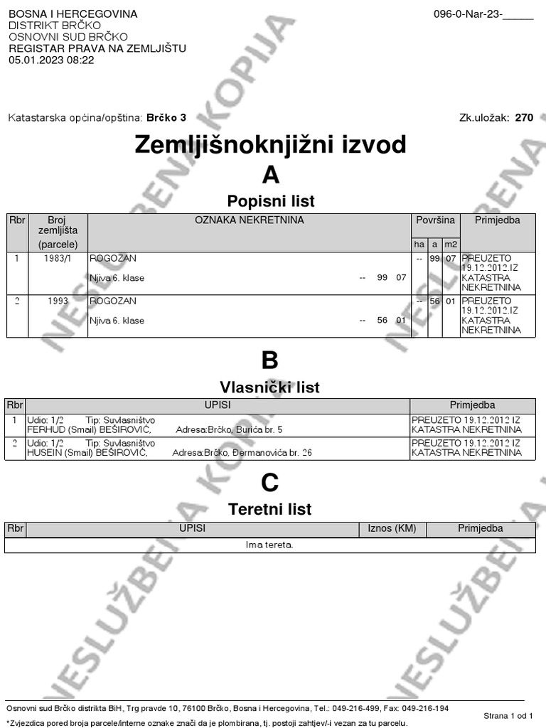 Zemljišnoknjižni Izvod A: Popisni List | PDF