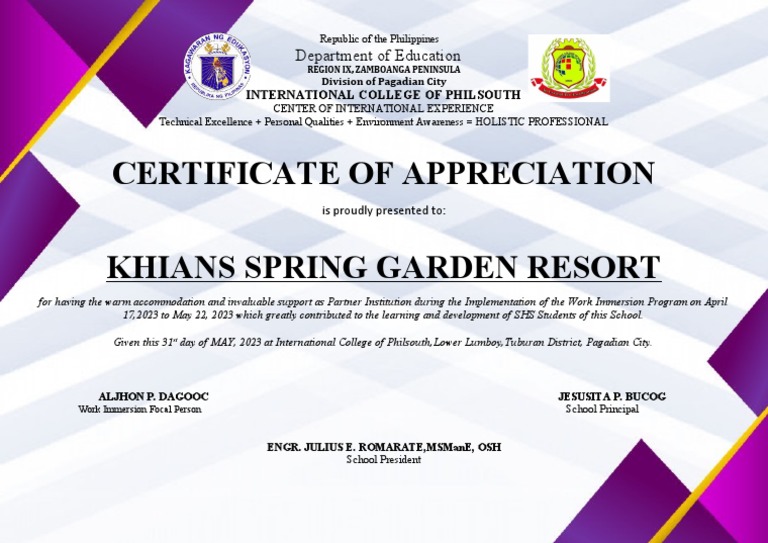 Certificate of Appreciation for Work Immersion Program | PDF