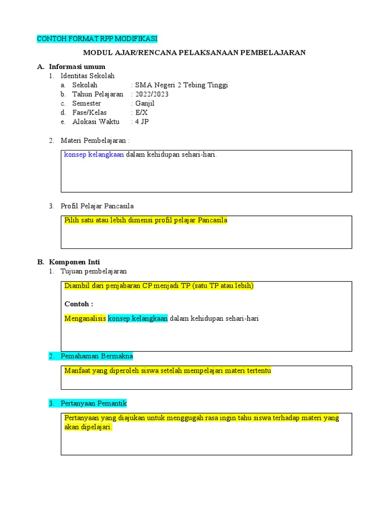 Contoh Format RPP Modifikasi | PDF