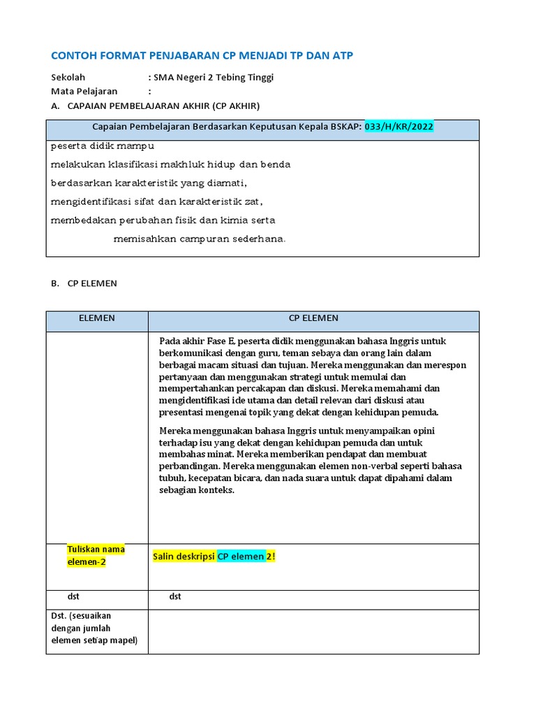 Format Penjabaran CP Menjadi TP Dan ATP | PDF