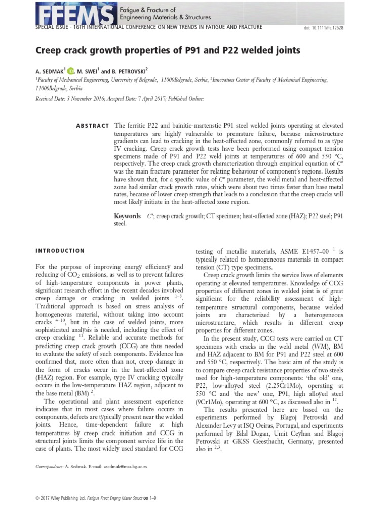 Creep Crack Growth Properties of P91 and P22 Welded Joints | PDF ... Creep Crack Growth Properties of P91 and P22 Welded Joints | PDF ...