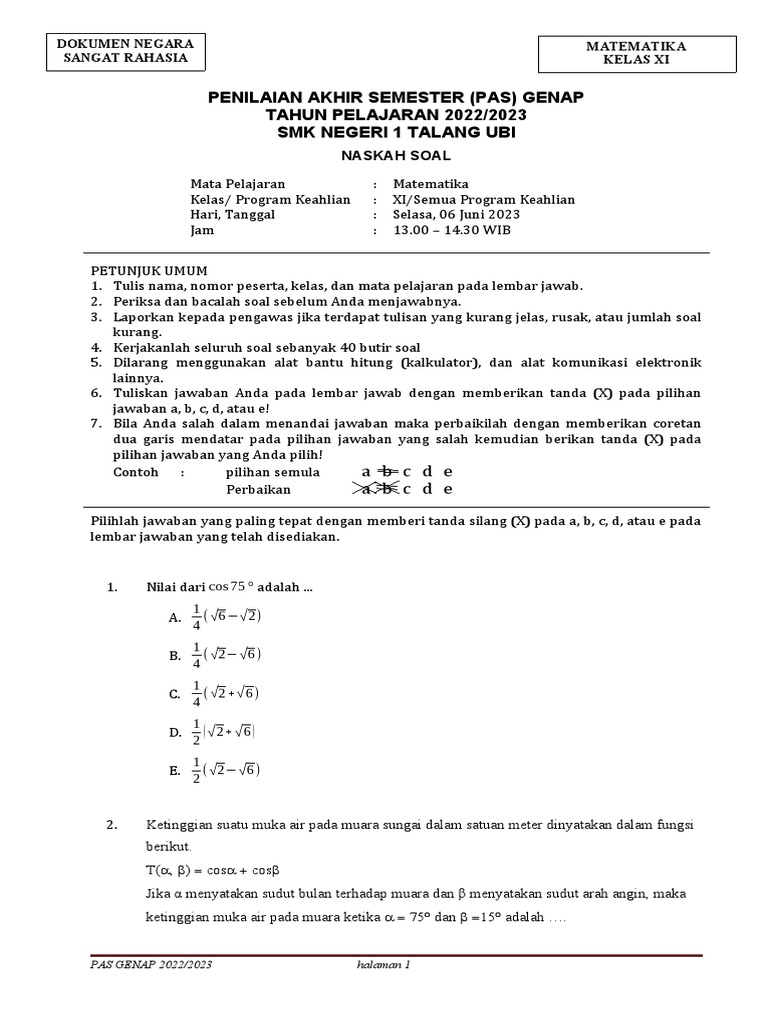 Naskah Soal PAS Genap 2022-2023 | PDF