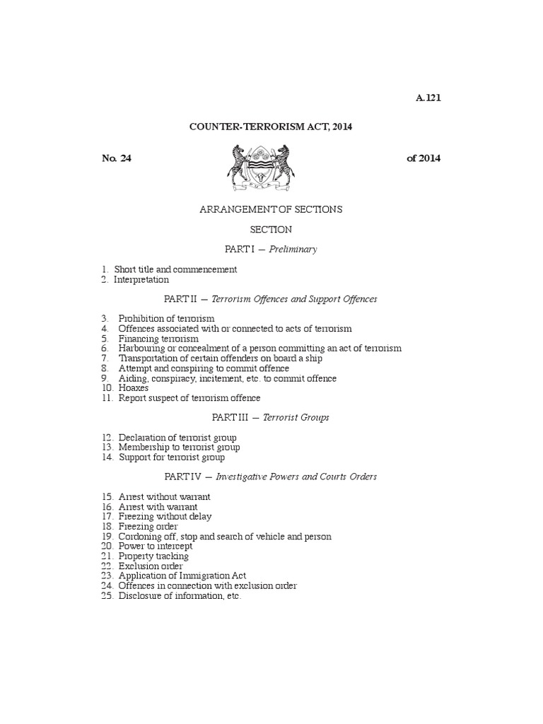 Botswana Counter-Terrorism Act 2014 | PDF | Criminal Procedure In South Africa | Arrest