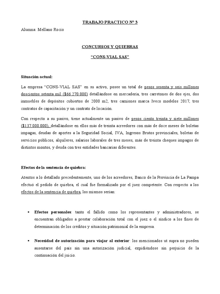 Efectos de la Quiebra en CONS-VIAL SAS | PDF | Bancarrota | Economias