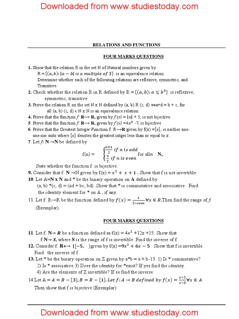 CBSE Class 12 Mathematics Relations And Functions (1) | PDF