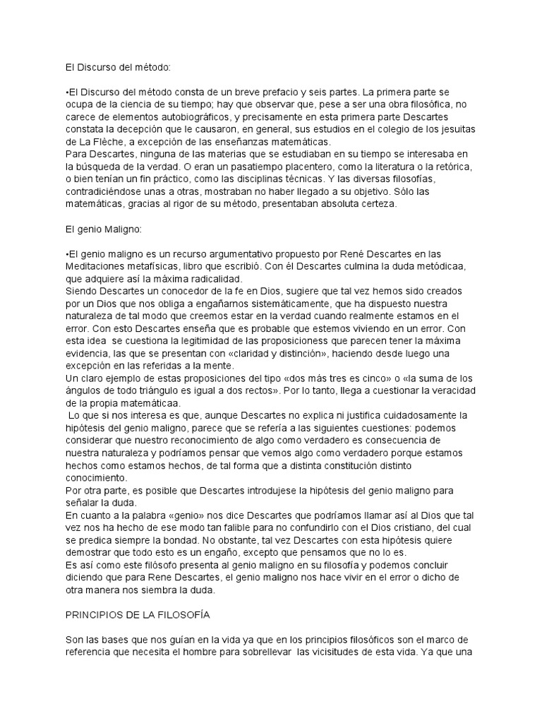 Discurso Del Método, Genio Maligno y Principios de La Filosofía | PDF ...
