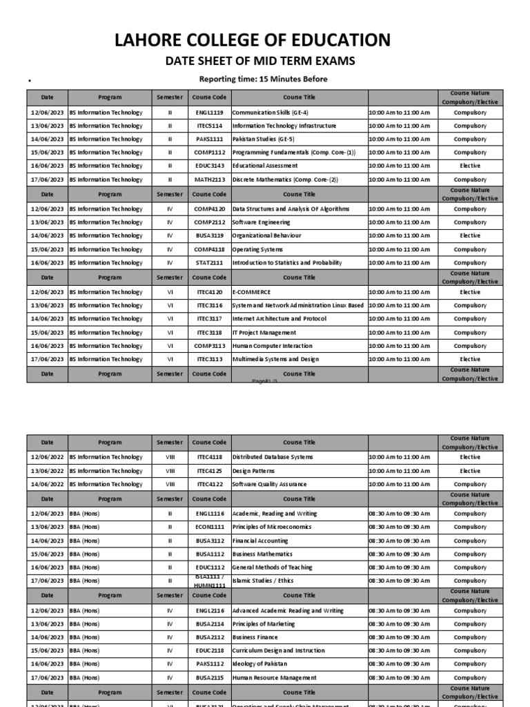 Mid Exam Date Sheet (For Students) | PDF | Information Technology ...