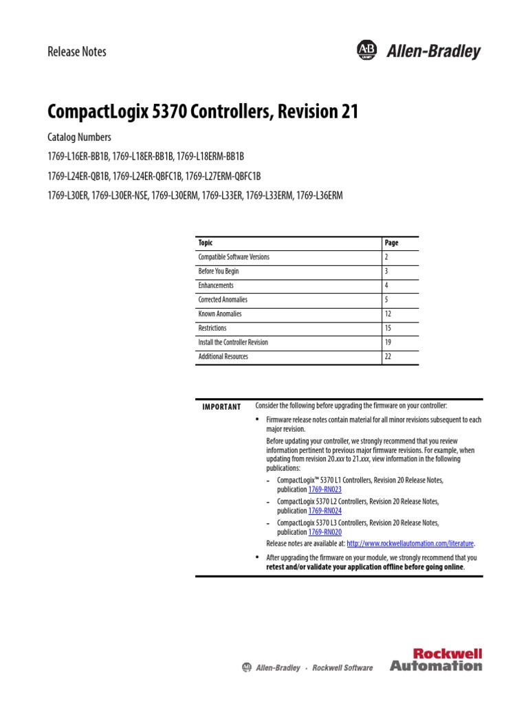 Compactlogix 5370 Controllers, Revision 21: Release Notes | PDF ...