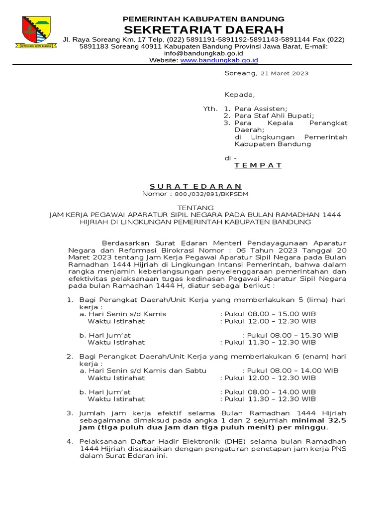 Jam Kerja Pegawai Asn Pada Bulan Ramadhan 1444h | PDF