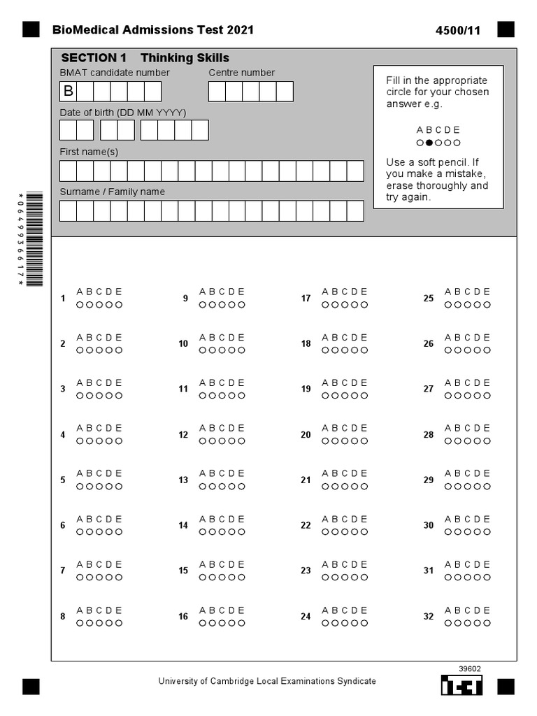 Past Paper Bmat 2021 Section 1 Answer Sheet | Download Free PDF ...