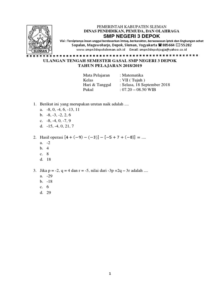 Soal PTS Matematika Kelas Vii | PDF